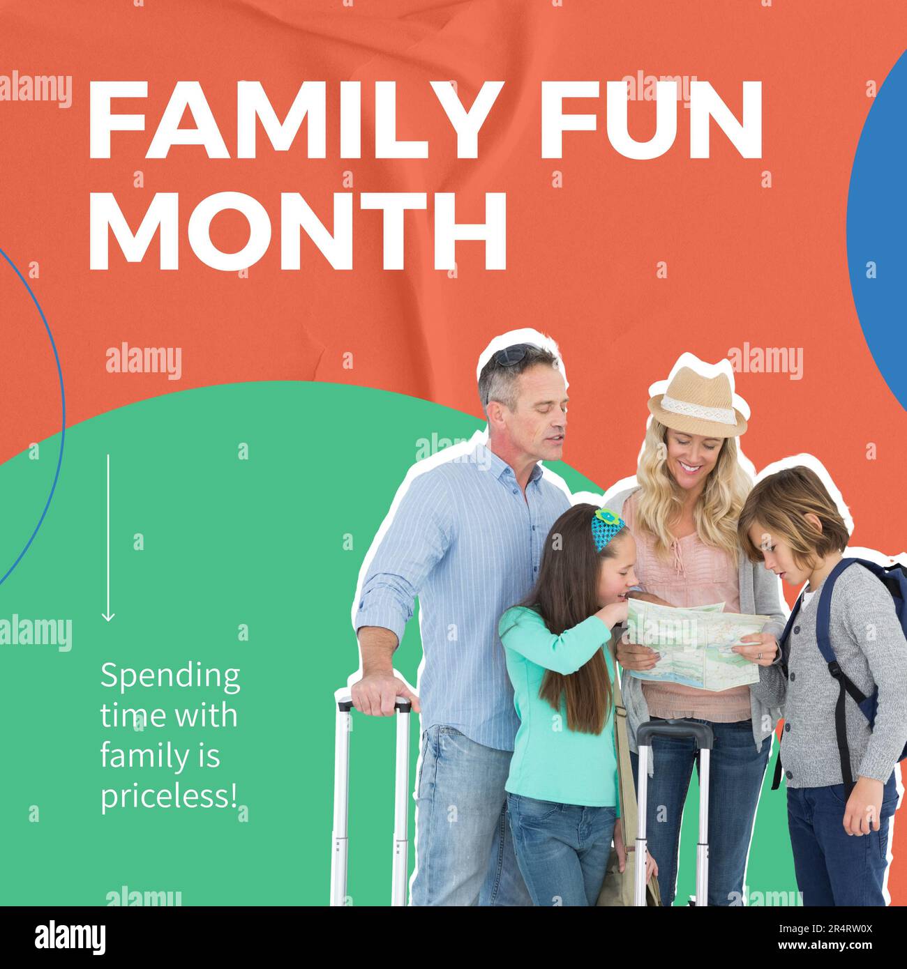 Family fun month text and happy caucasian family with suitcases and map ...