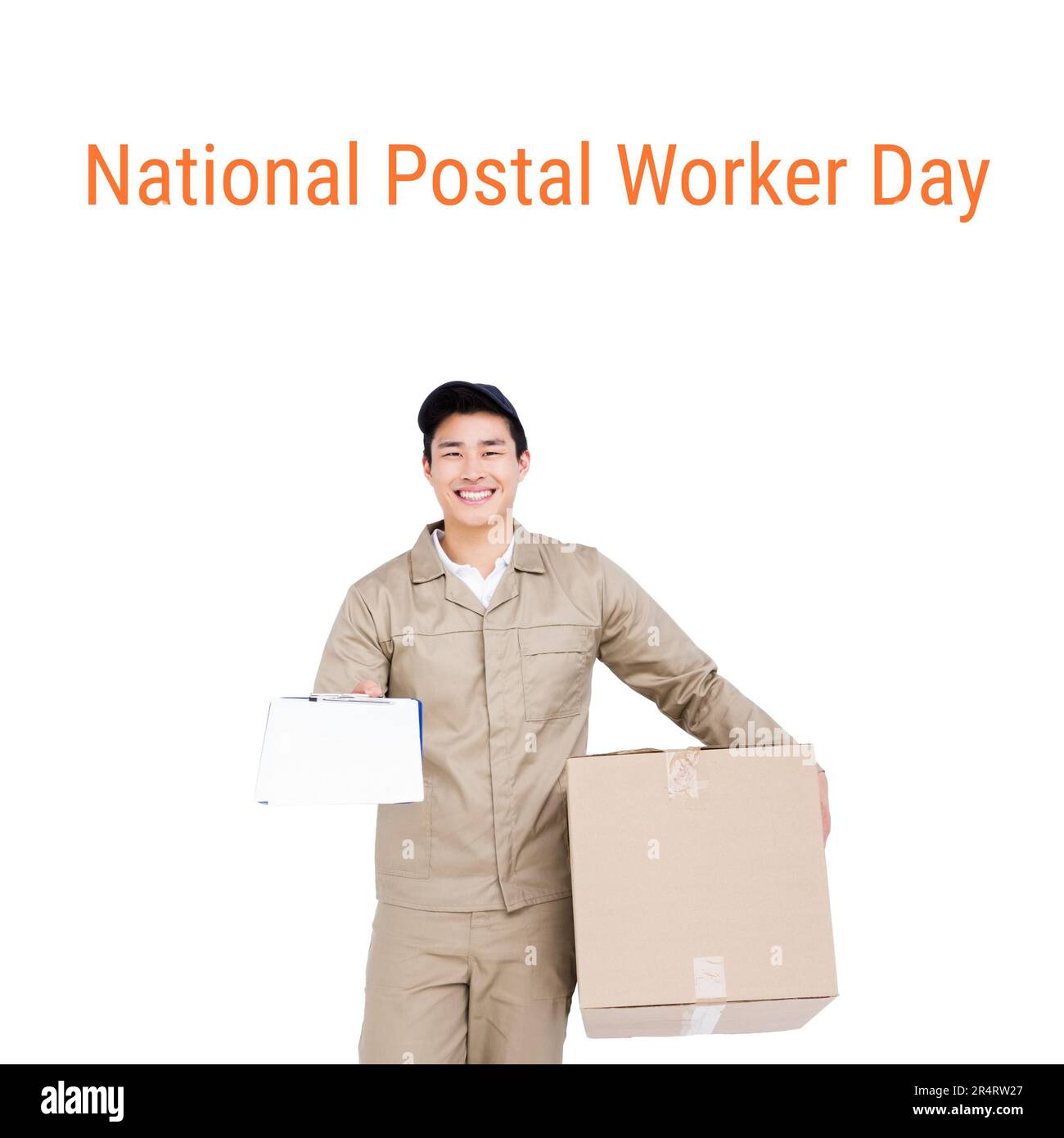 Composition of national postal worker day text over happy asian ...