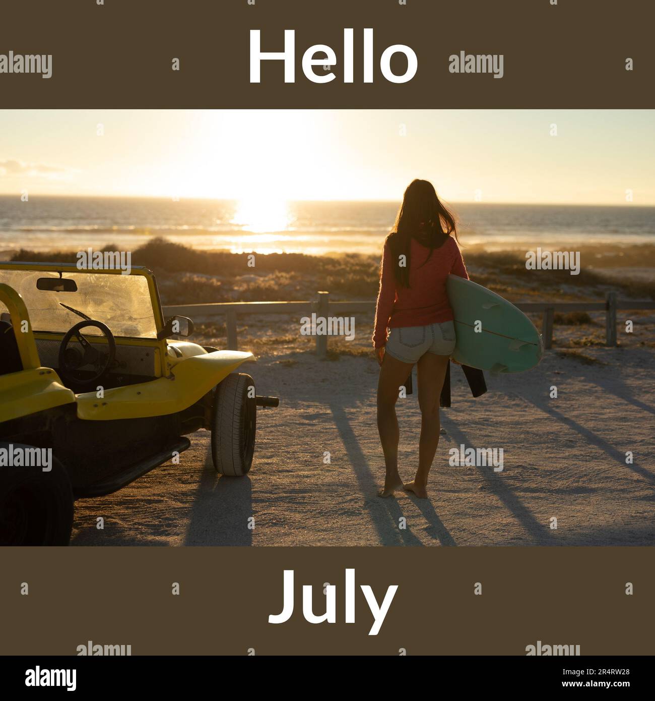 Composition of hello july text over caucasian woman with surfboard by ...