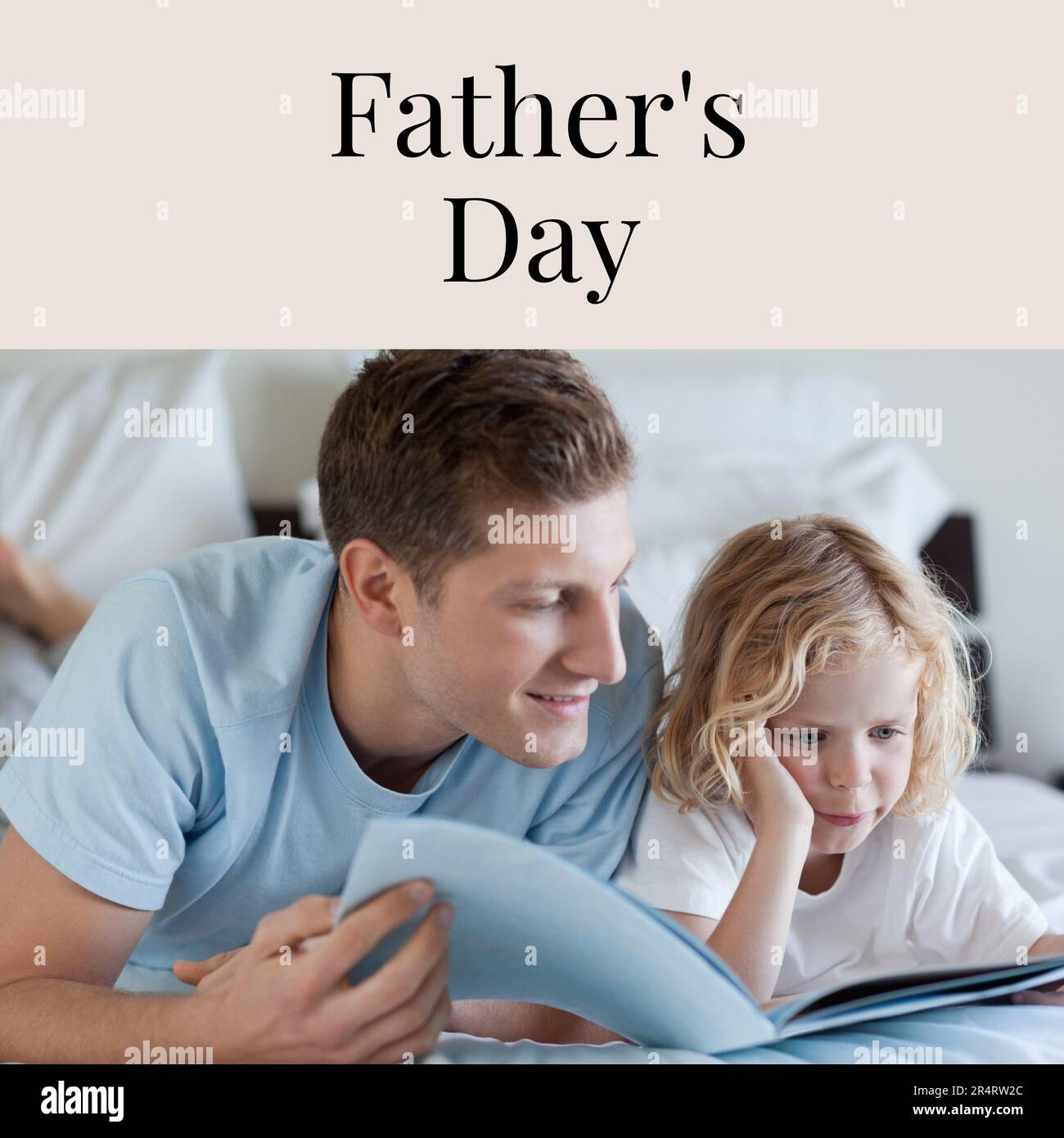 Composition of father's day text over caucasian man with son reading ...