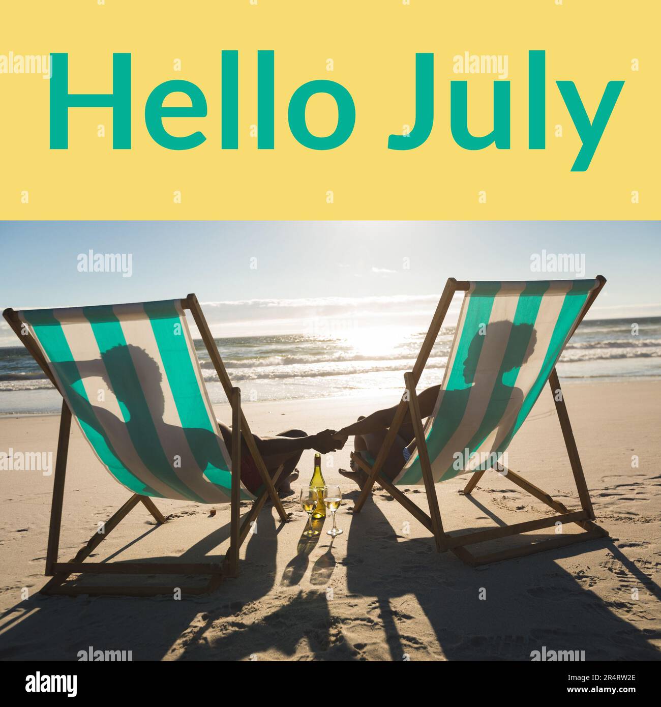 Composition of hello july text over african american couple holding ...