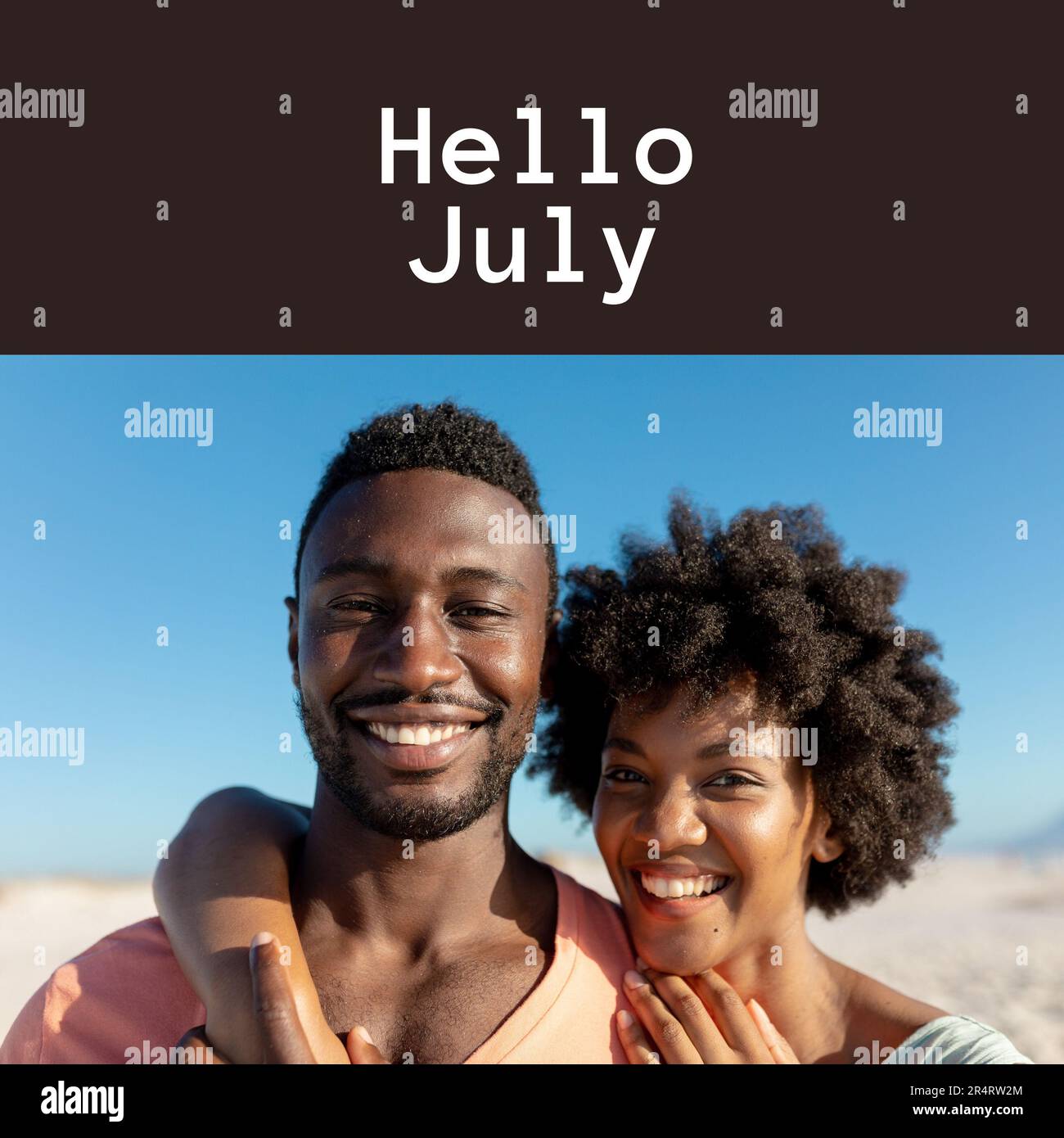 Composition of hello july text over african american couple on beach ...