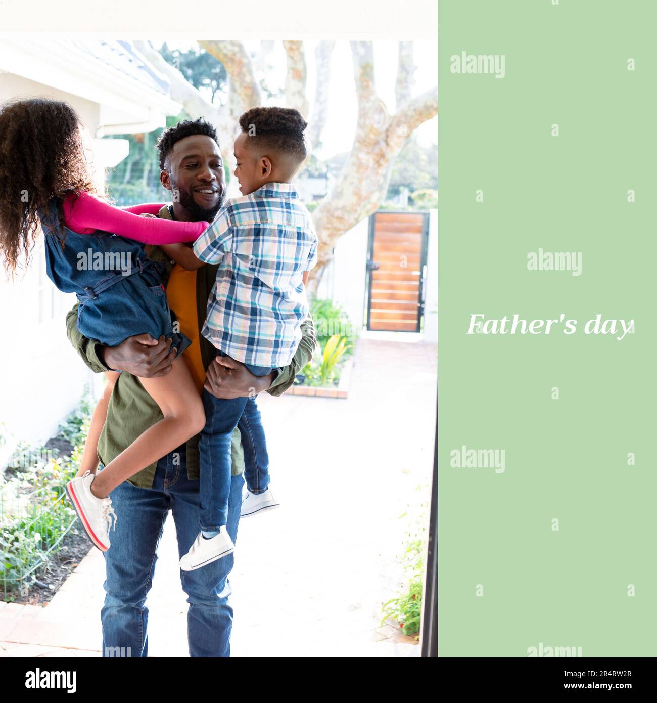 Composition of father's day text over african american man with son and ...