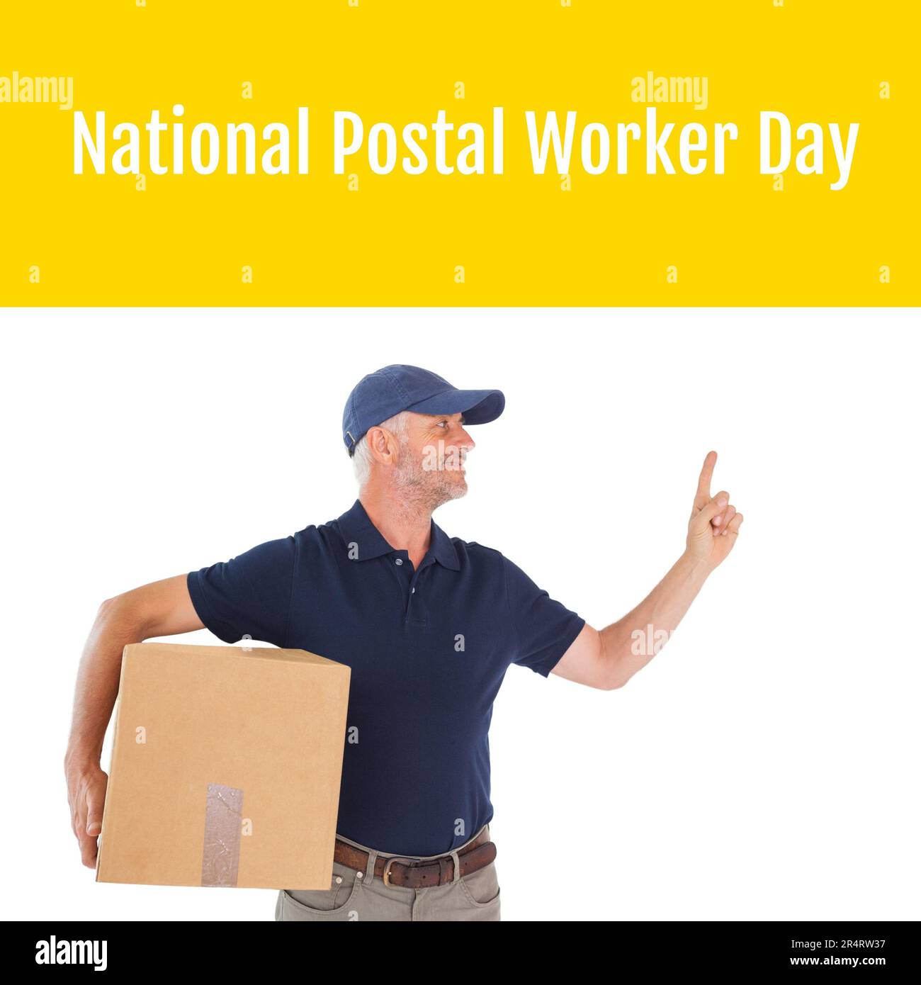 Composition of national postal worker day text over happy caucasian ...