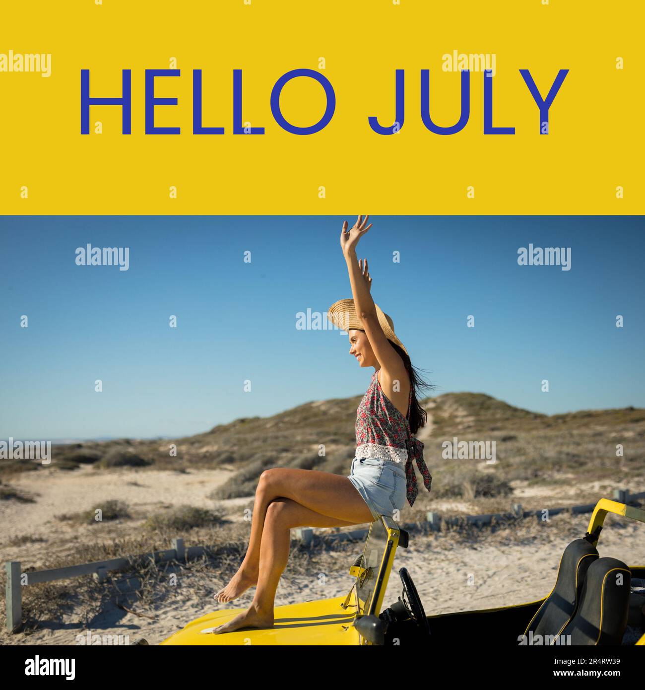 Composition of hello july text over caucasian woman sitting on car on ...