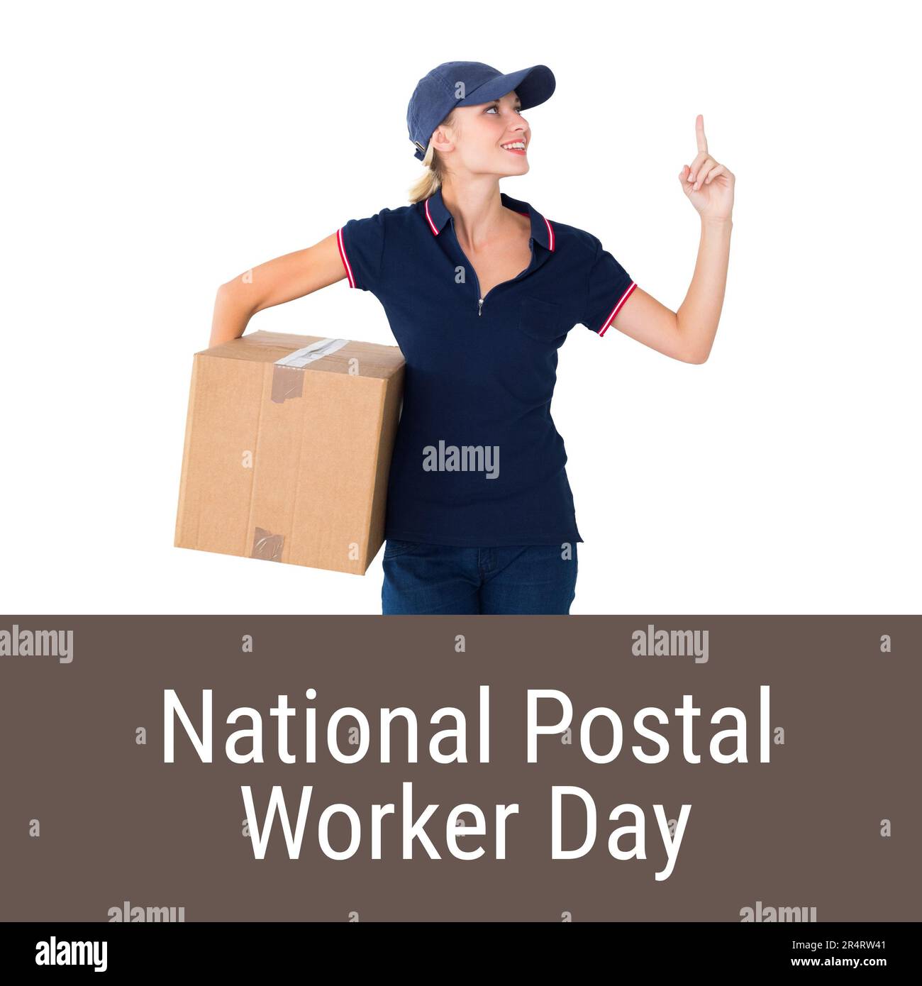 Composition of national postal worker day text over happy caucasian ...