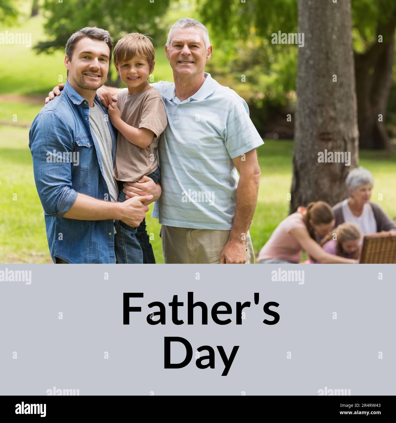 Composition of father's day text over caucasian man with father and son ...