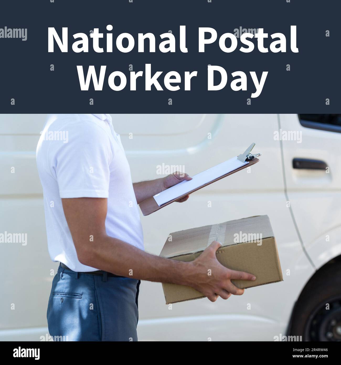 Composition of national postal worker day text over caucasian delivery ...