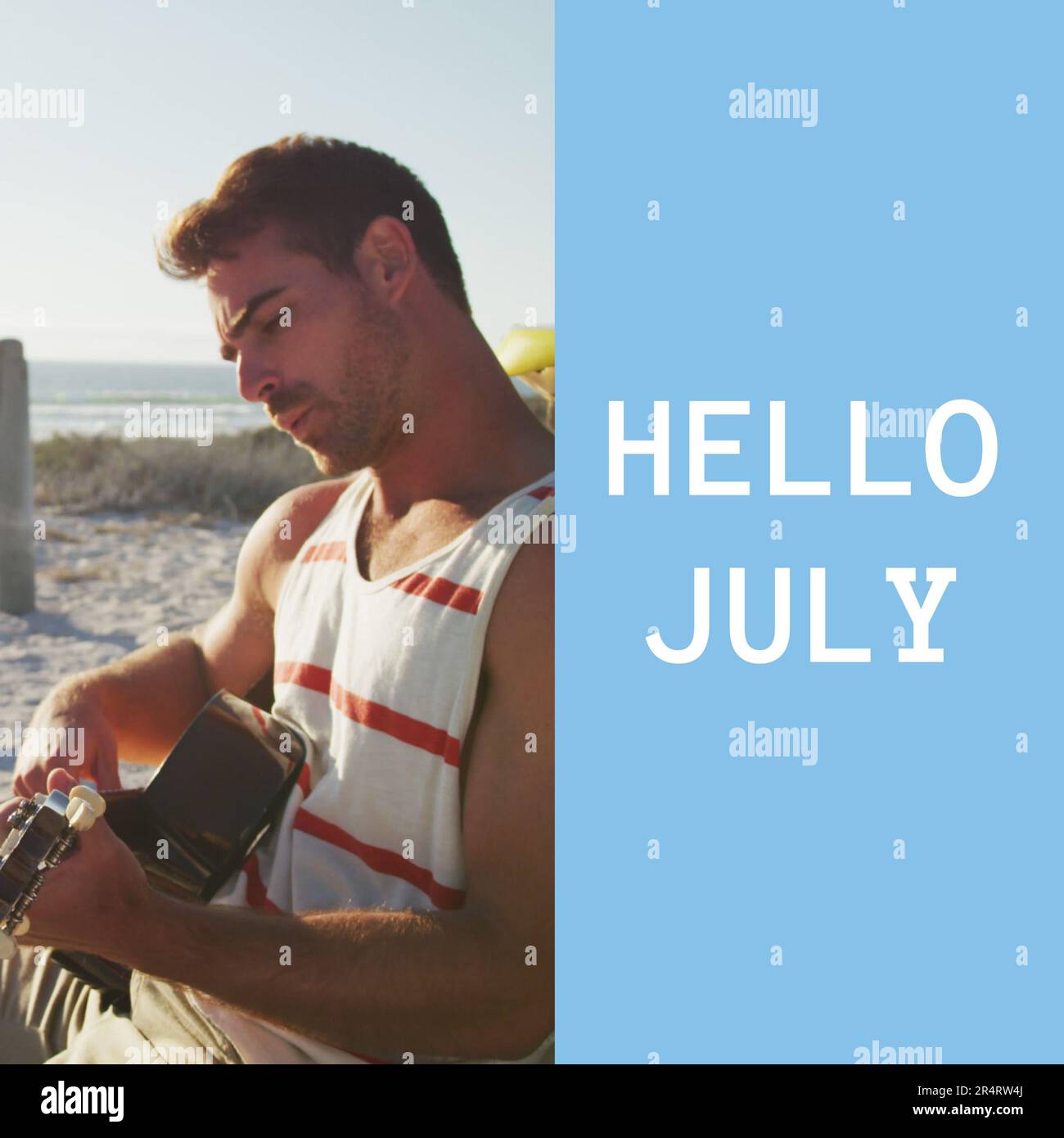 Composition of hello july text over caucasian man with guitar on beach ...