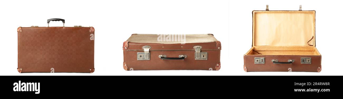 Vintage suitcase collage on white. Open, closed, front and side views ...