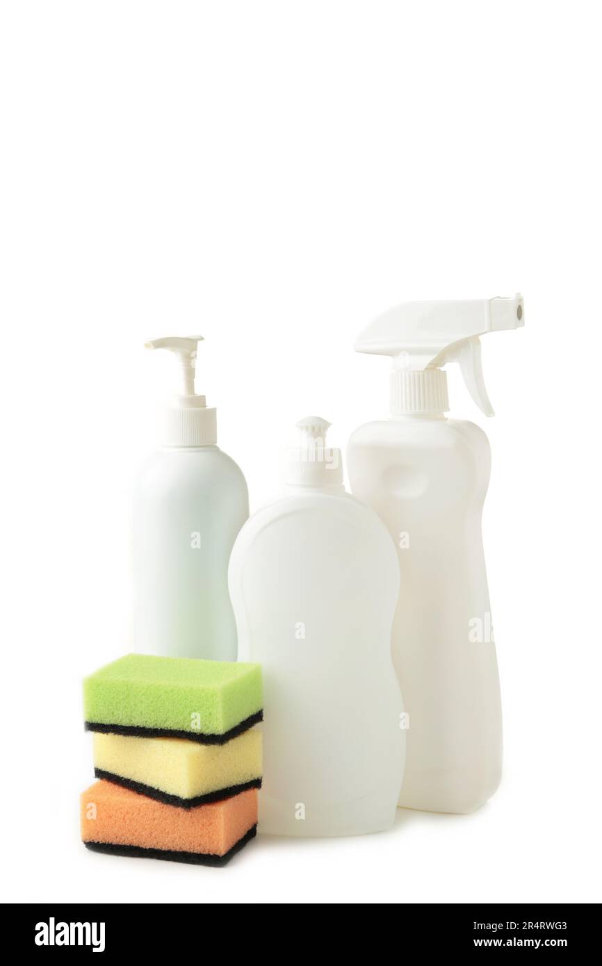 Set of cleaning tools isolated on a white background. Top view Stock ...