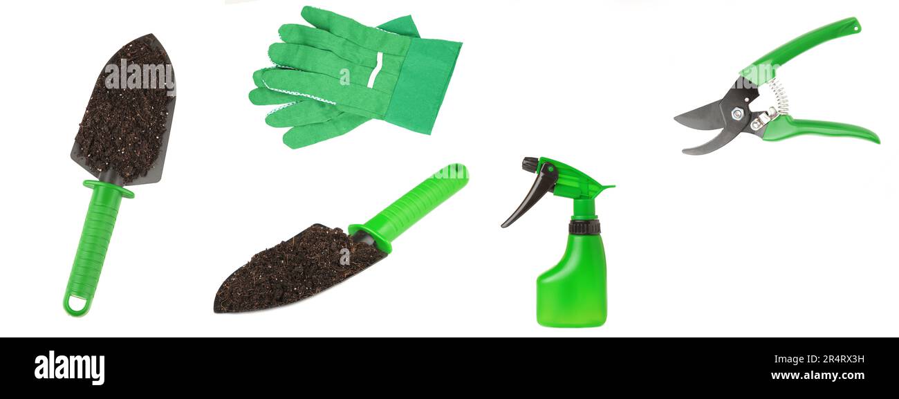 Set of Green garden tools isolated on white background. Top view Stock ...