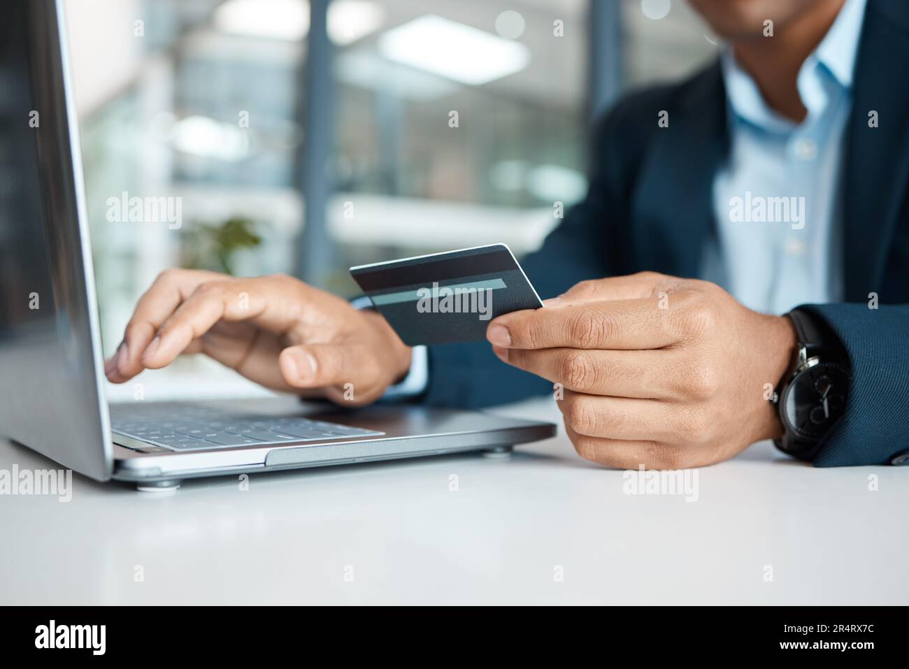 Credit card, business man hands and laptop with online banking, payment ...