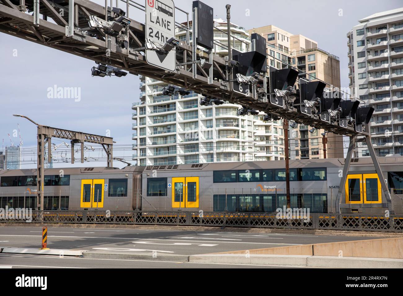 Sydney train approaching Milsons Point near the Sydney harbour bridge ...