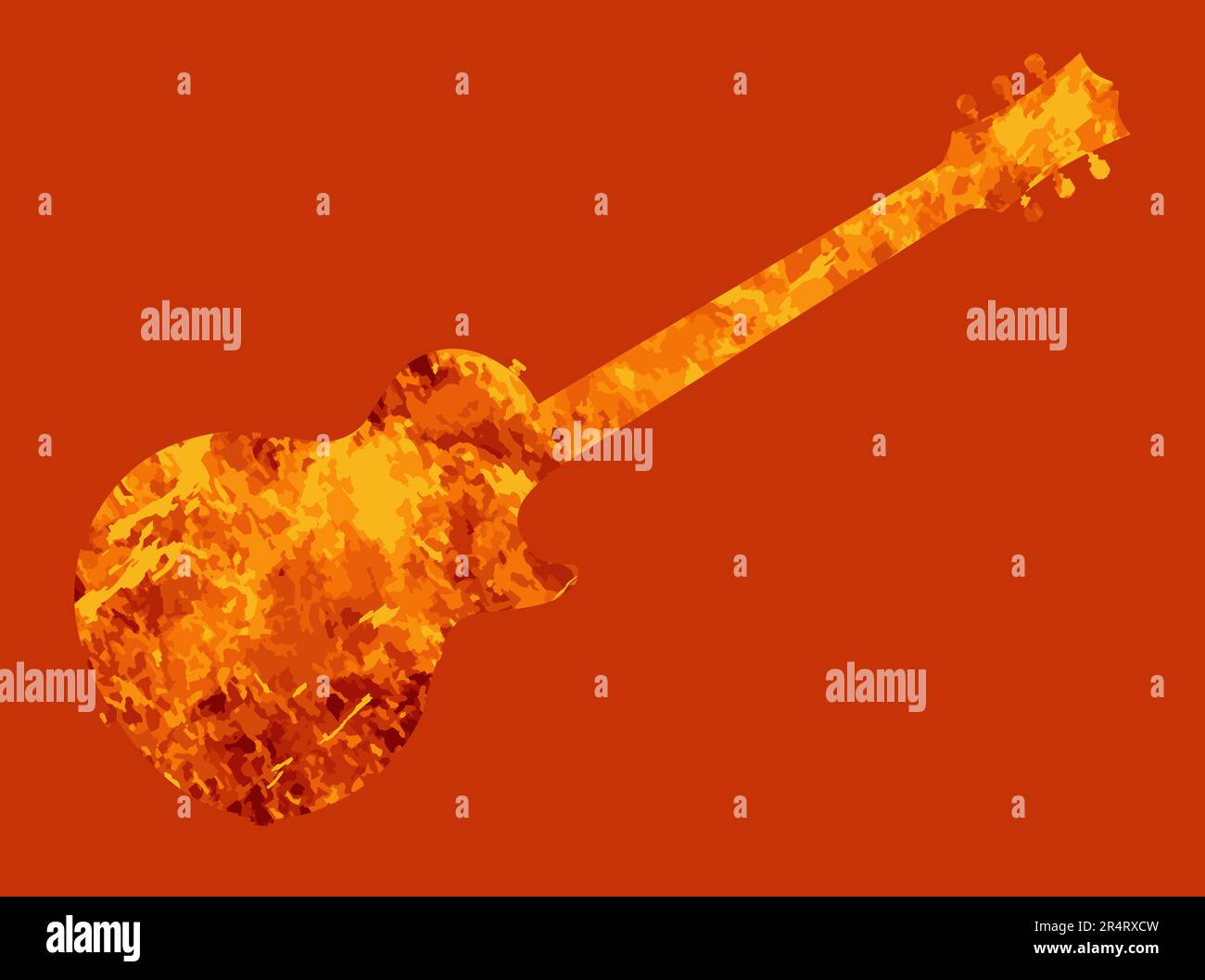 A burning hot rock and roll guitar in flames isolated over a red ...