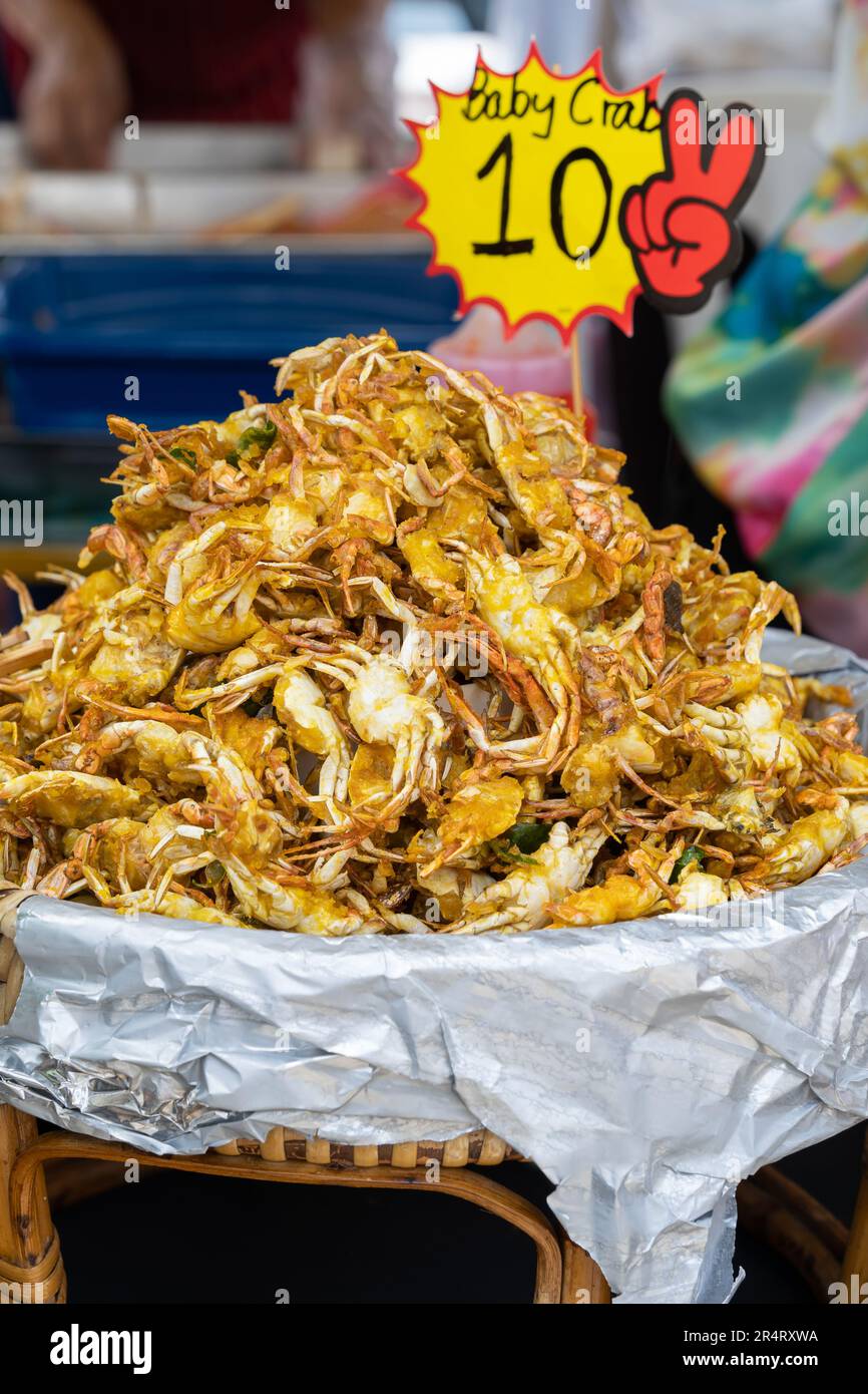 Close-up view of the crispy baby crabs selling in the food stall Stock ...