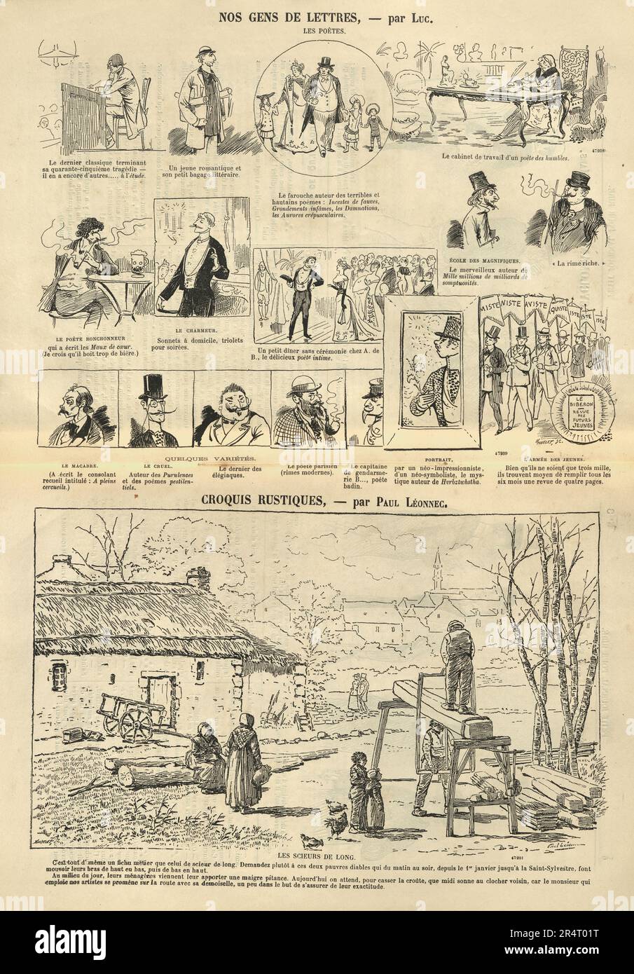 Page from vintage French comic paper, Cartoons, Nos Gens de lettres ...