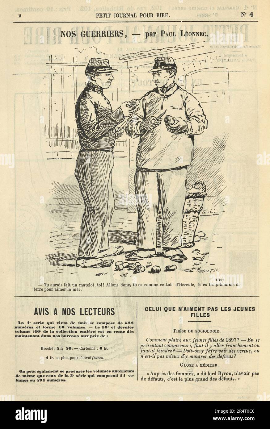 Page from vintage French comic paper, Cartoon, Two solider peeling ...