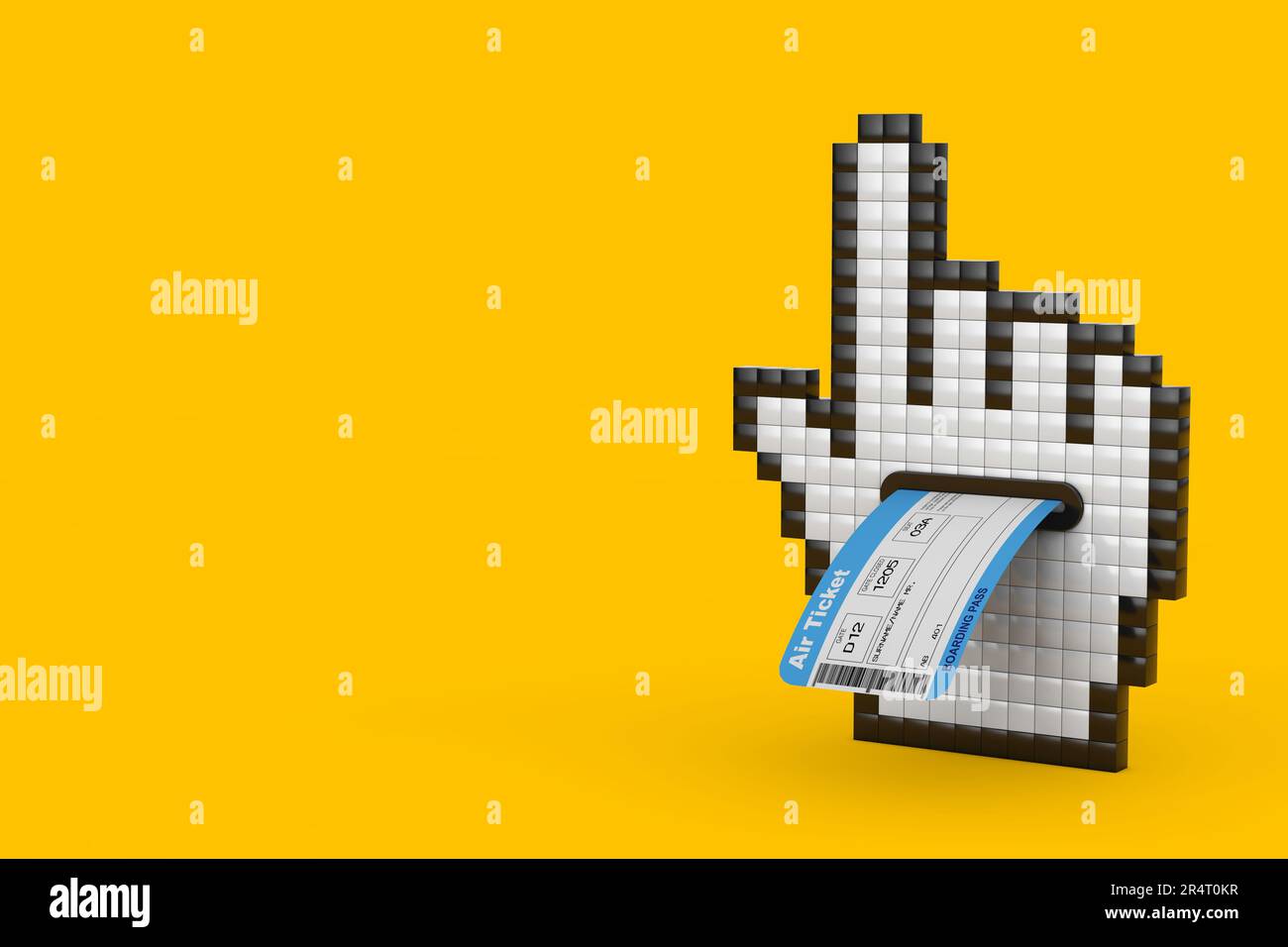 Pixel Hand Cursor Icon with Airline Boarding Pass Ticket on a yellow background. 3d Rendering ...