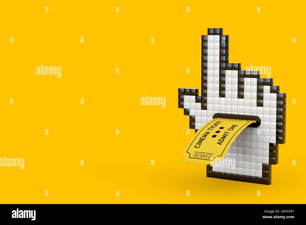Pixel Hand Cursor Icon with Yellow Cinema Ticket on a yellow background ...