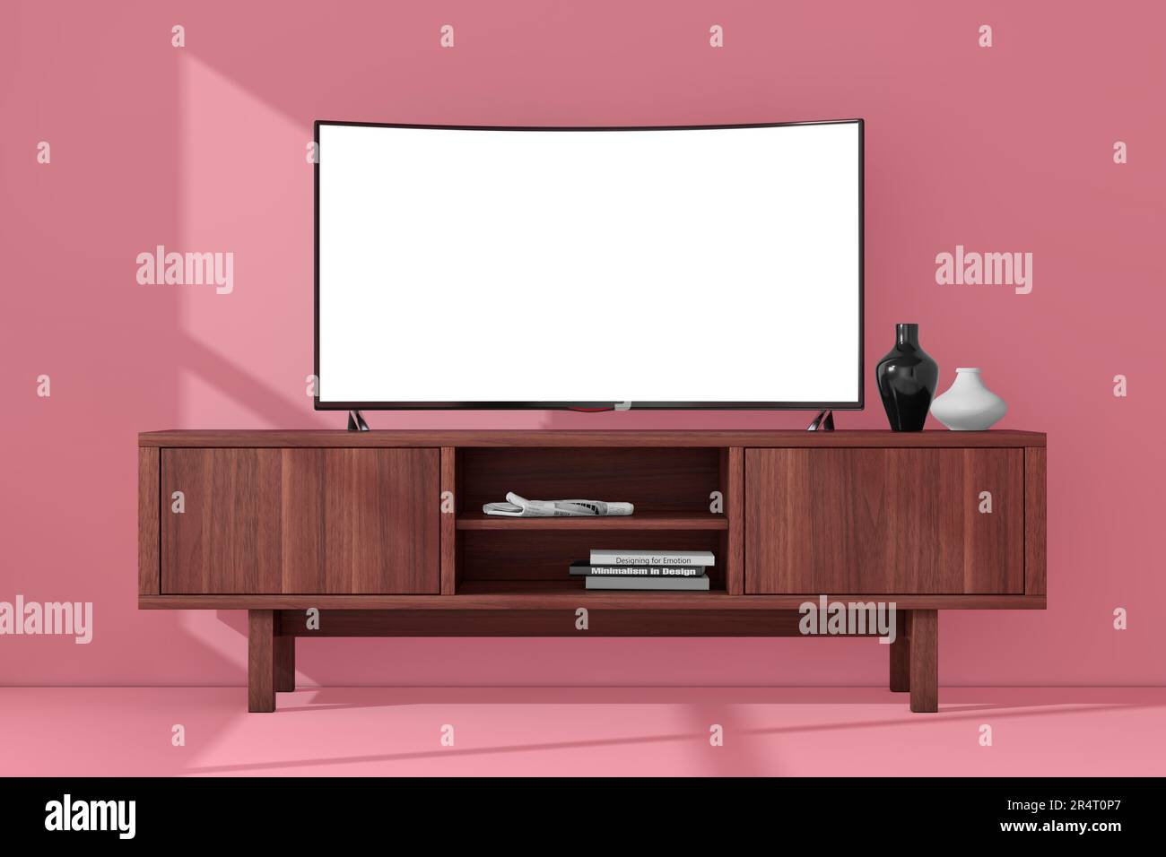 Modern Curved Led or LCD Smart TV Screen Mockup above Wooden Console ...