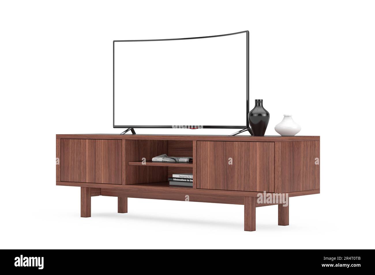 Modern Curved Led or LCD Smart TV Screen Mockup above Wooden Console ...