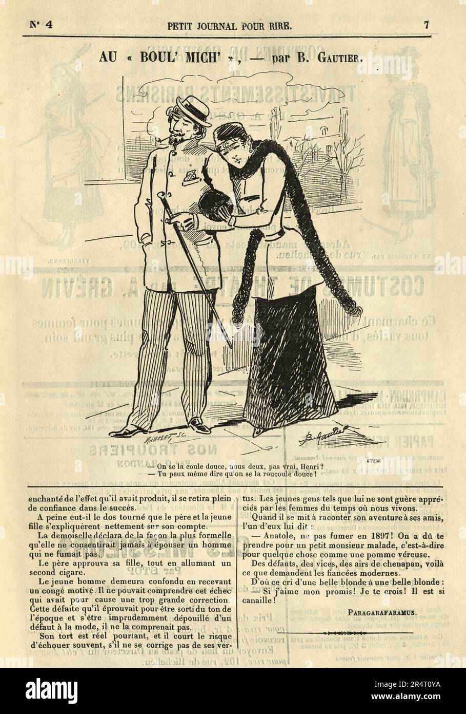Page from vintage French comic paper, Cartoon, Sweethearts, Man and ...