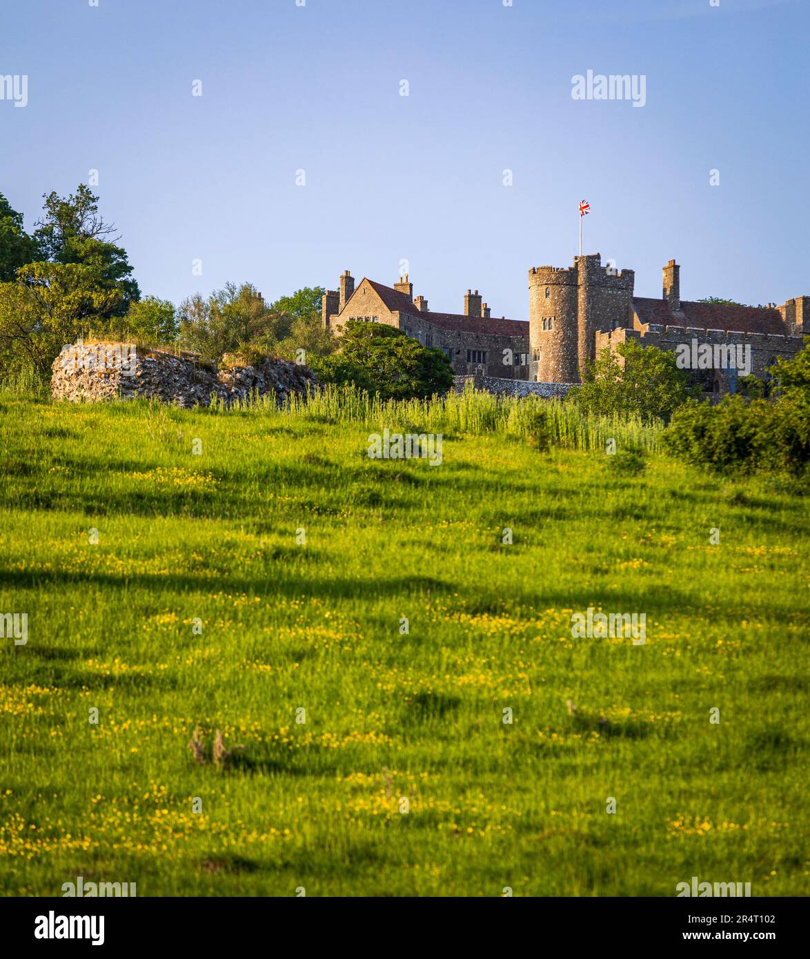 View of Lympne Castle and the ruins of the Roman Stutfall castle near ...