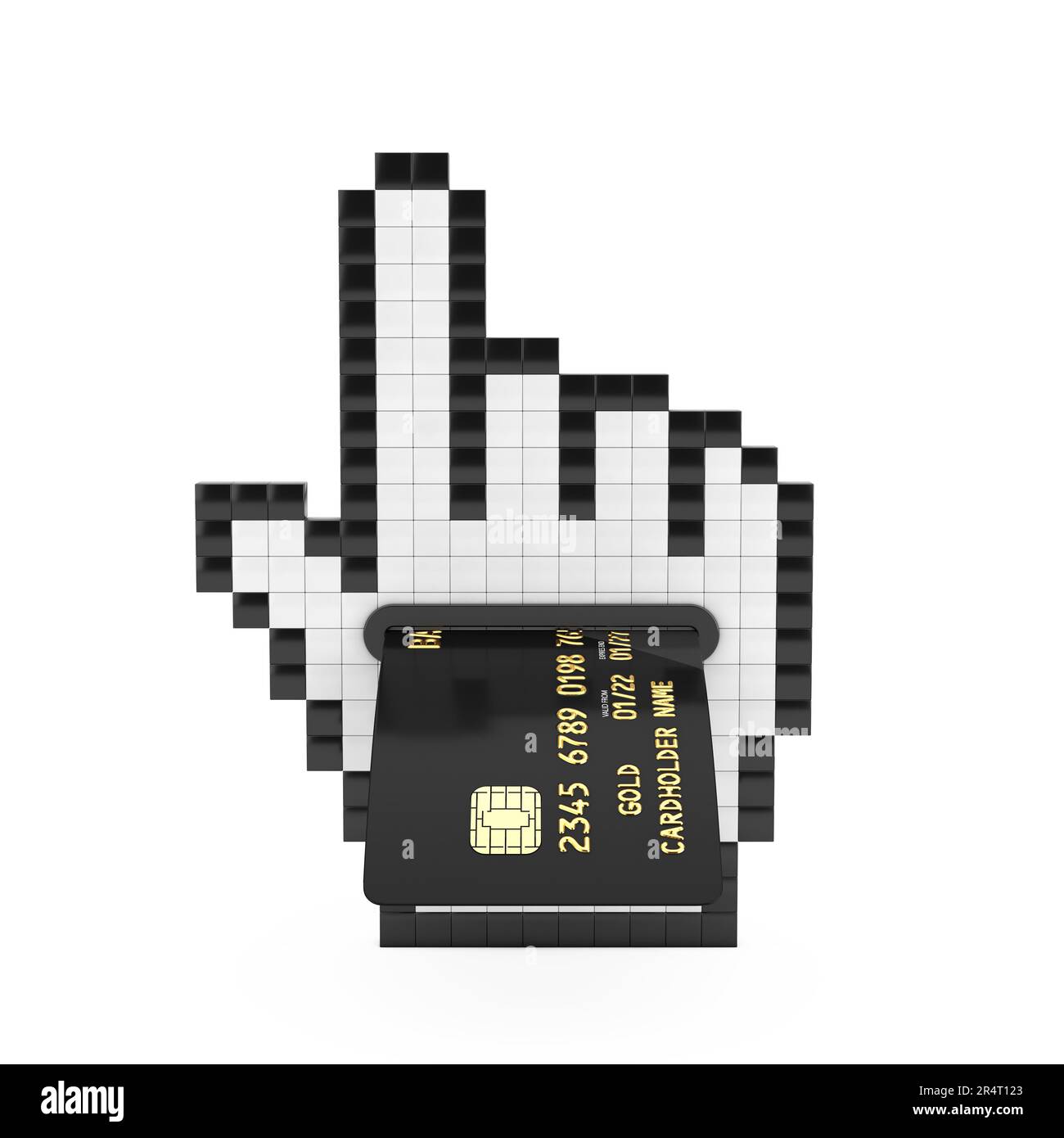 Pixel Hand Cursor Icon with Black Plastic Golden Credit Card with Chip ...