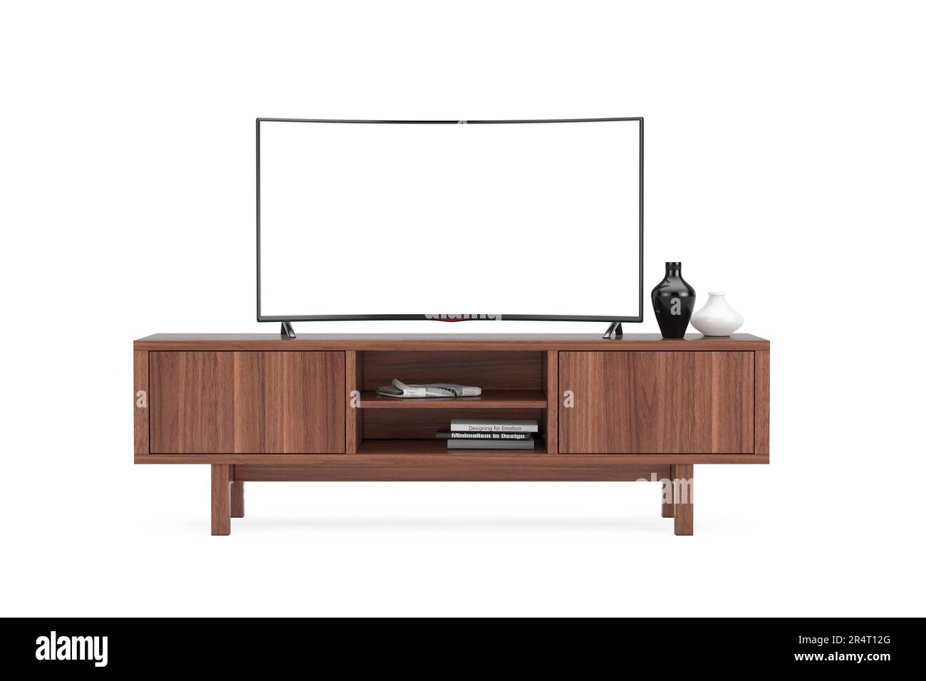 Modern Curved Led or LCD Smart TV Screen Mockup above Wooden Console ...