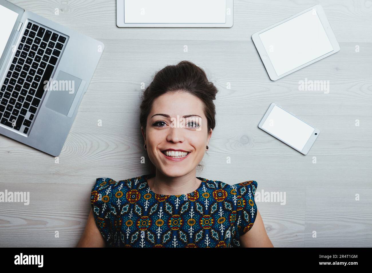 Ad designer woman thinks of cool, super creative ideas. Online campaign ...