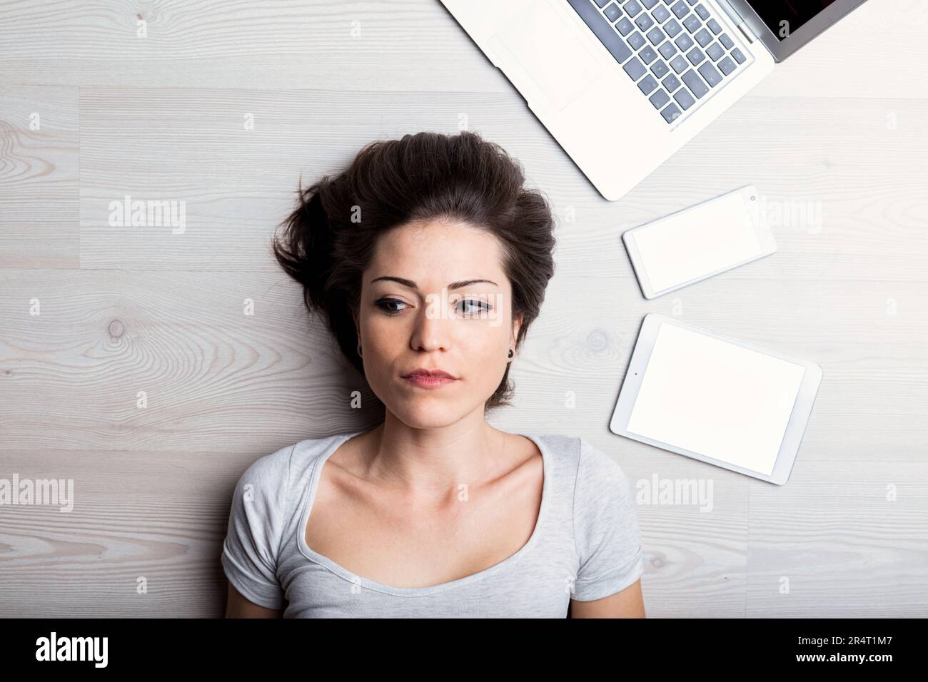 Overhead shot of a young woman, a communication, advertising, graphic ...