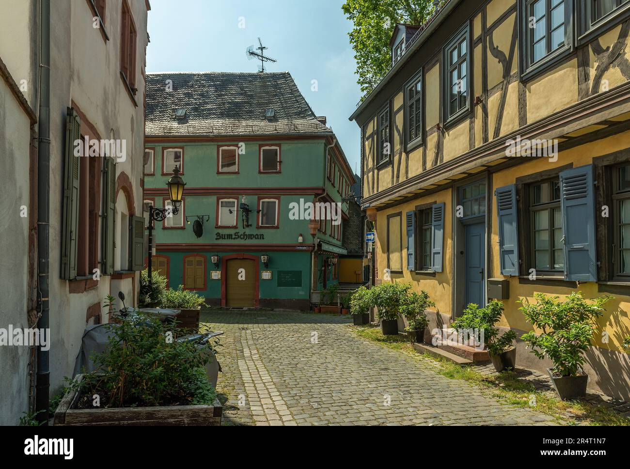 Small street in the historic old town of Frankfurt-Hoechst, Germany ...
