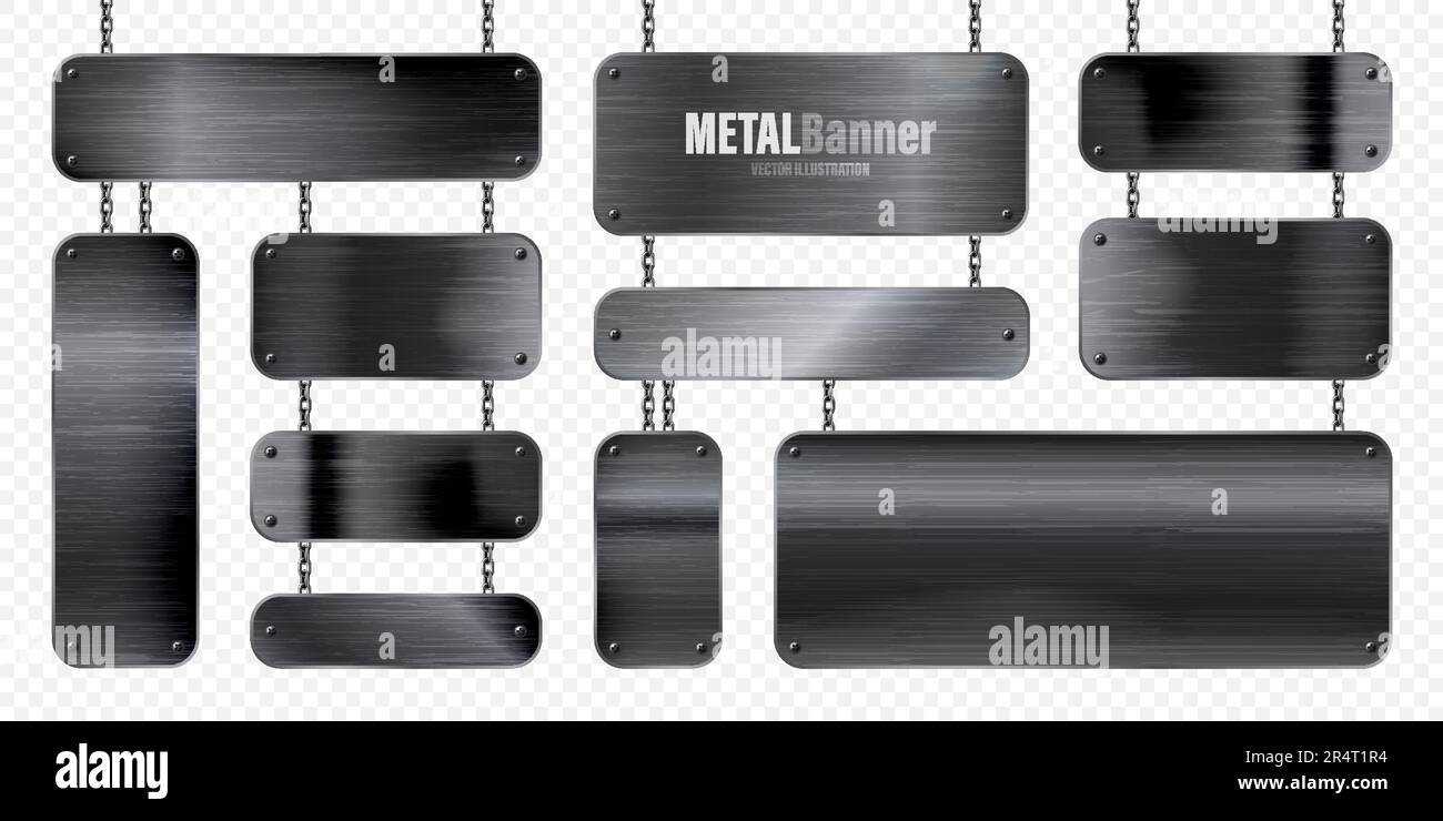 Metal banners hanging on a chain. Realistic shiny steel plate with ...