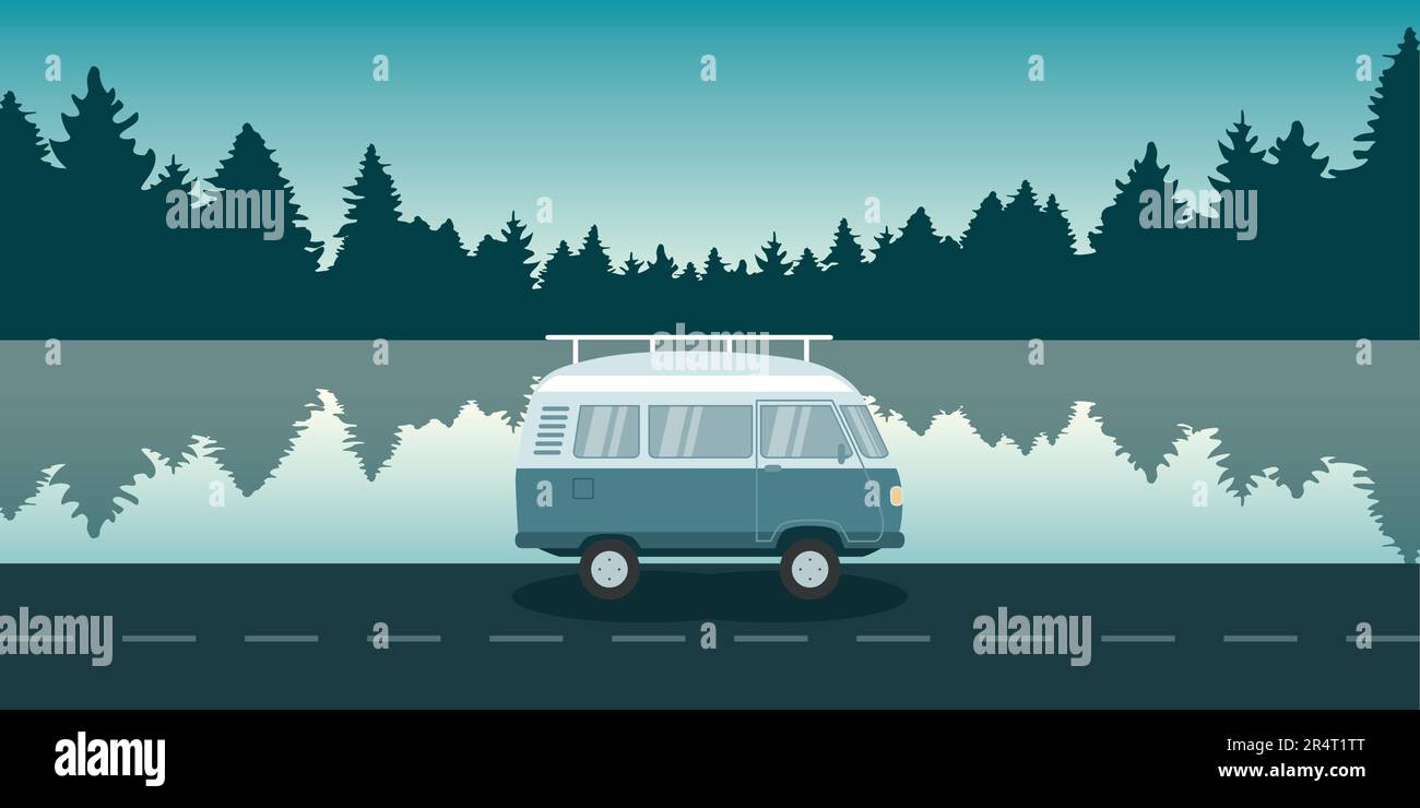 road trip adventure with camper van by lake and pine forest nature ...