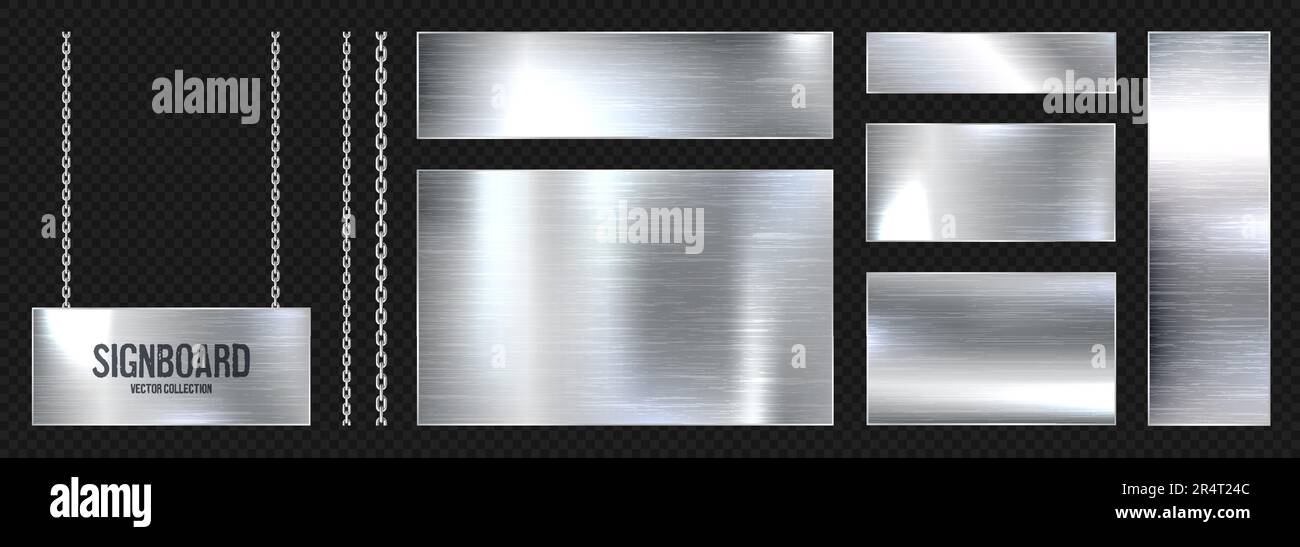 Metal banners hanging on a chain. Realistic shiny steel plate with ...