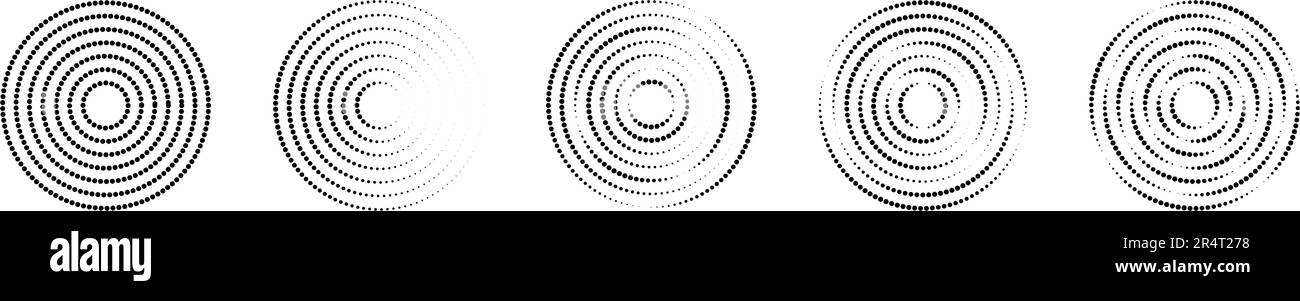 Set of circular ripple icons. Concentric circles with interrupted dotted lines isolated on white ...