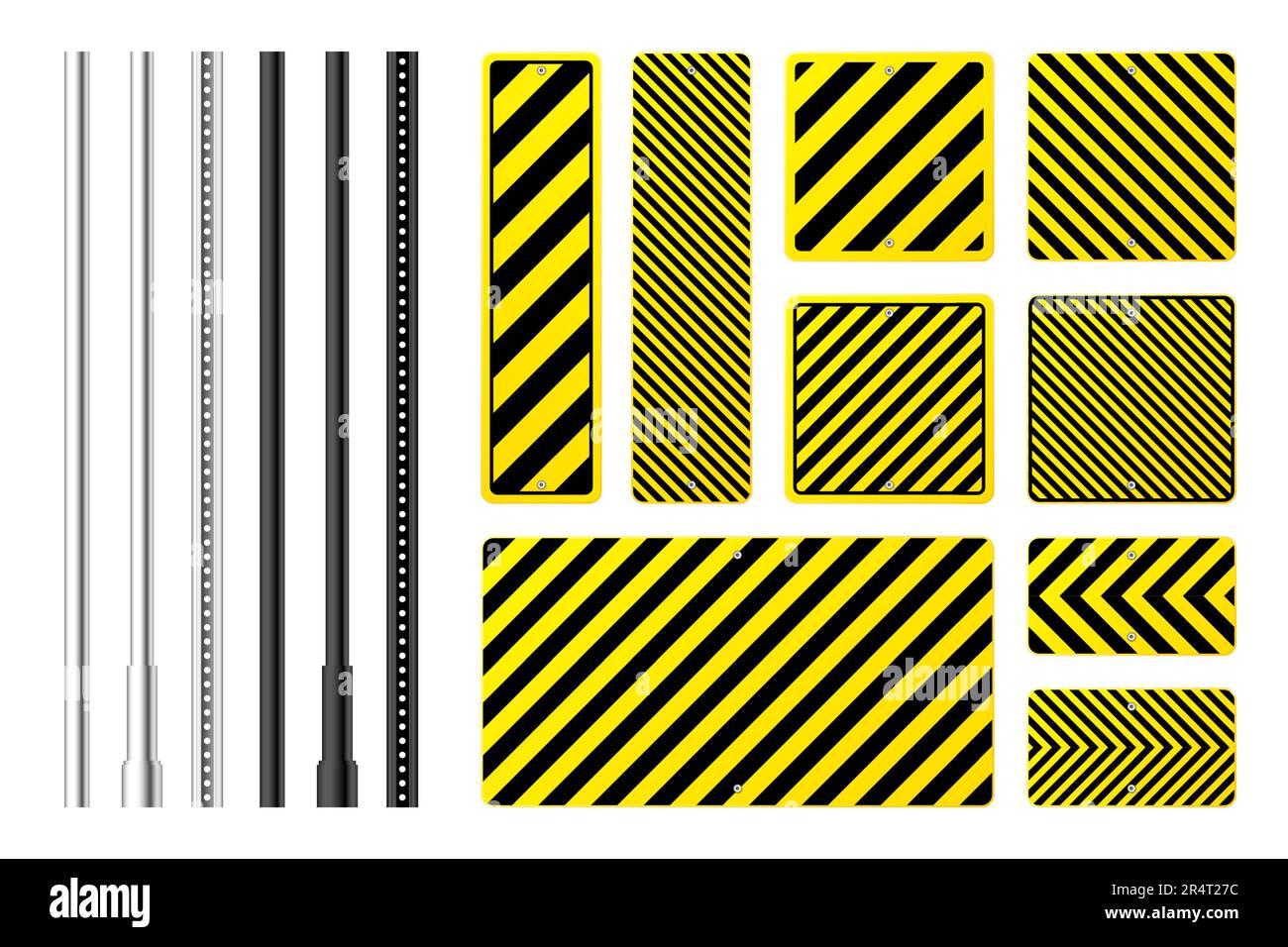 Warning, danger signs, attention banners with metal poles. Yellow ...
