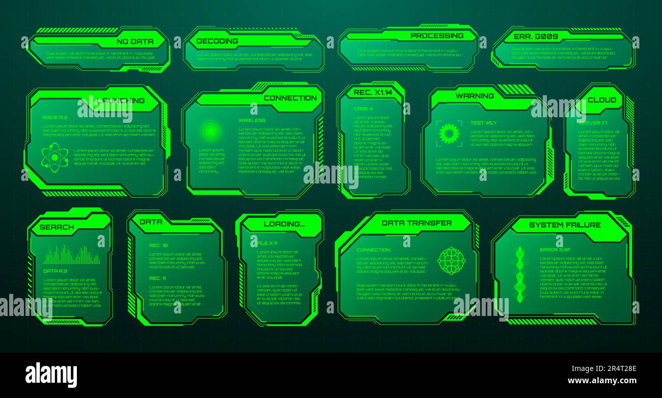 Green futuristic HUD, UI elements. Sci-fi user interface text boxes ...
