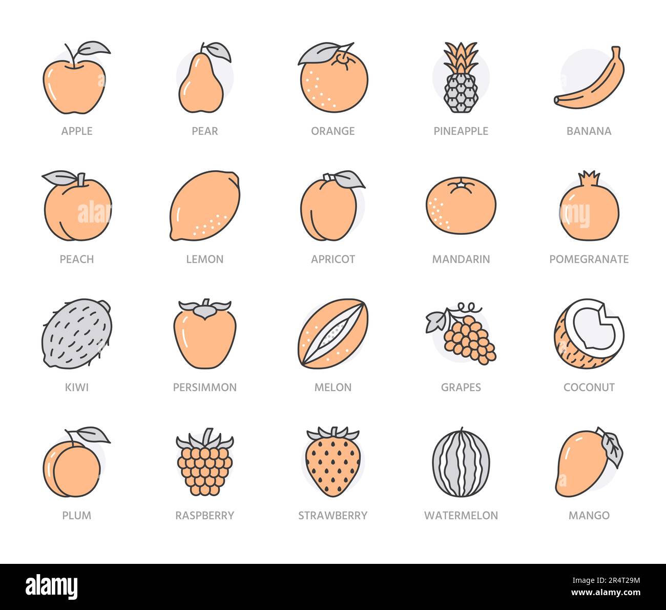 Fruits, berry flat line icons set. Orange, strawberry, pineapple, mango ...