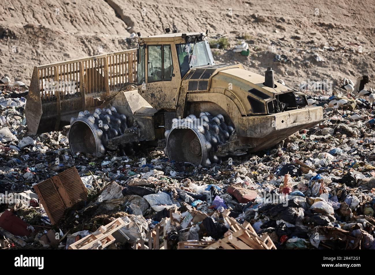 Heavy machinery shredding garbage in an open air landfill. Waste Stock ...