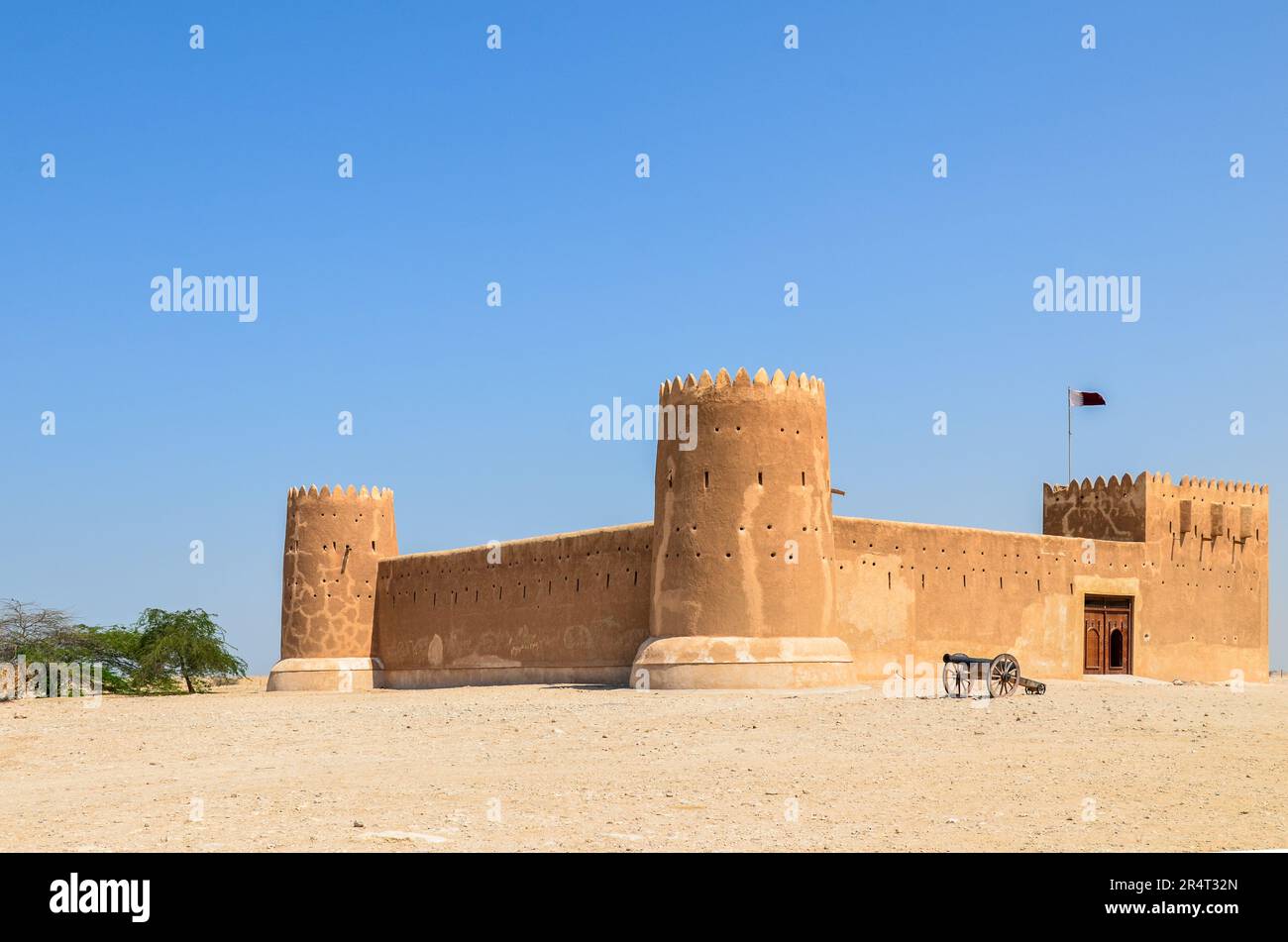 External view of the historical Al Zubarah fort in Qatar with an cannon ...