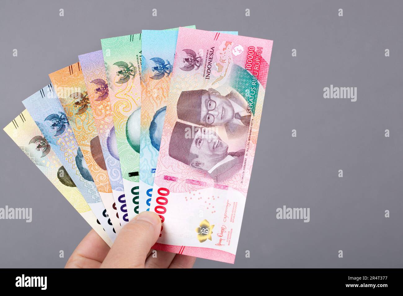 Indonesian money - rupiah in the hand on a gray background Stock Photo ...