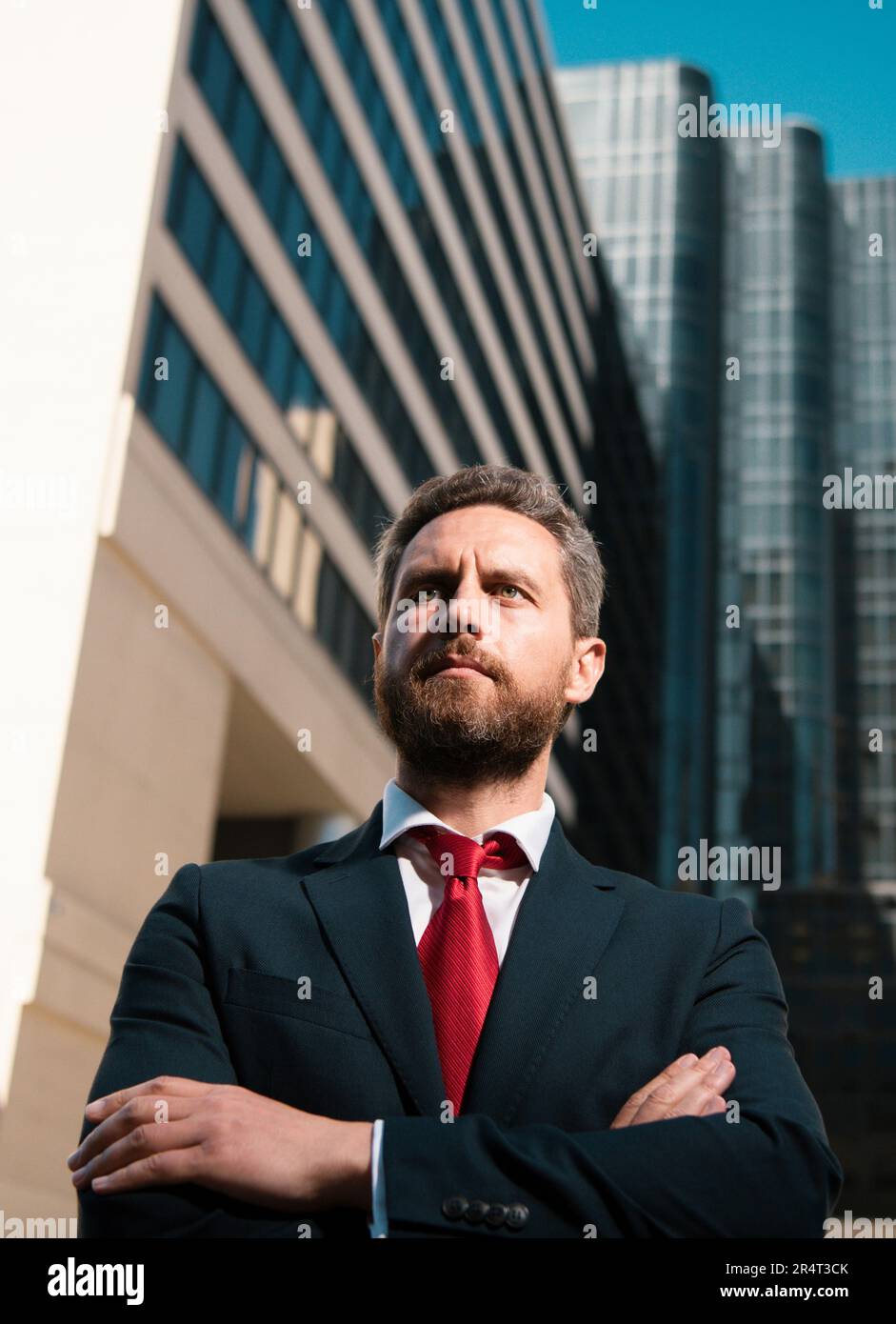 Entrepreneur, business portrait. Businessman standing proud with arms ...