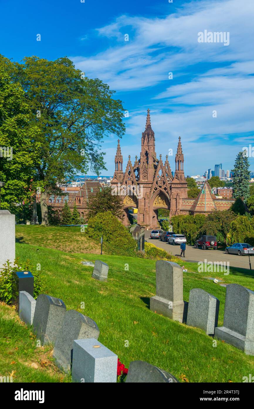 View of Green Wood cemetery in Brooklyn with Manhattan city skyline in ...