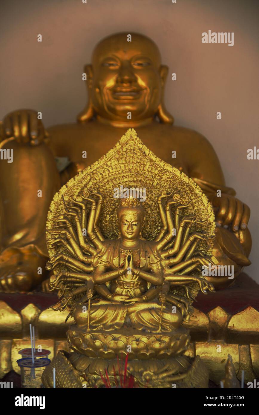 Phra Sangkajai smiling and happy Buddha and Guanyin Buddha Statue in ...