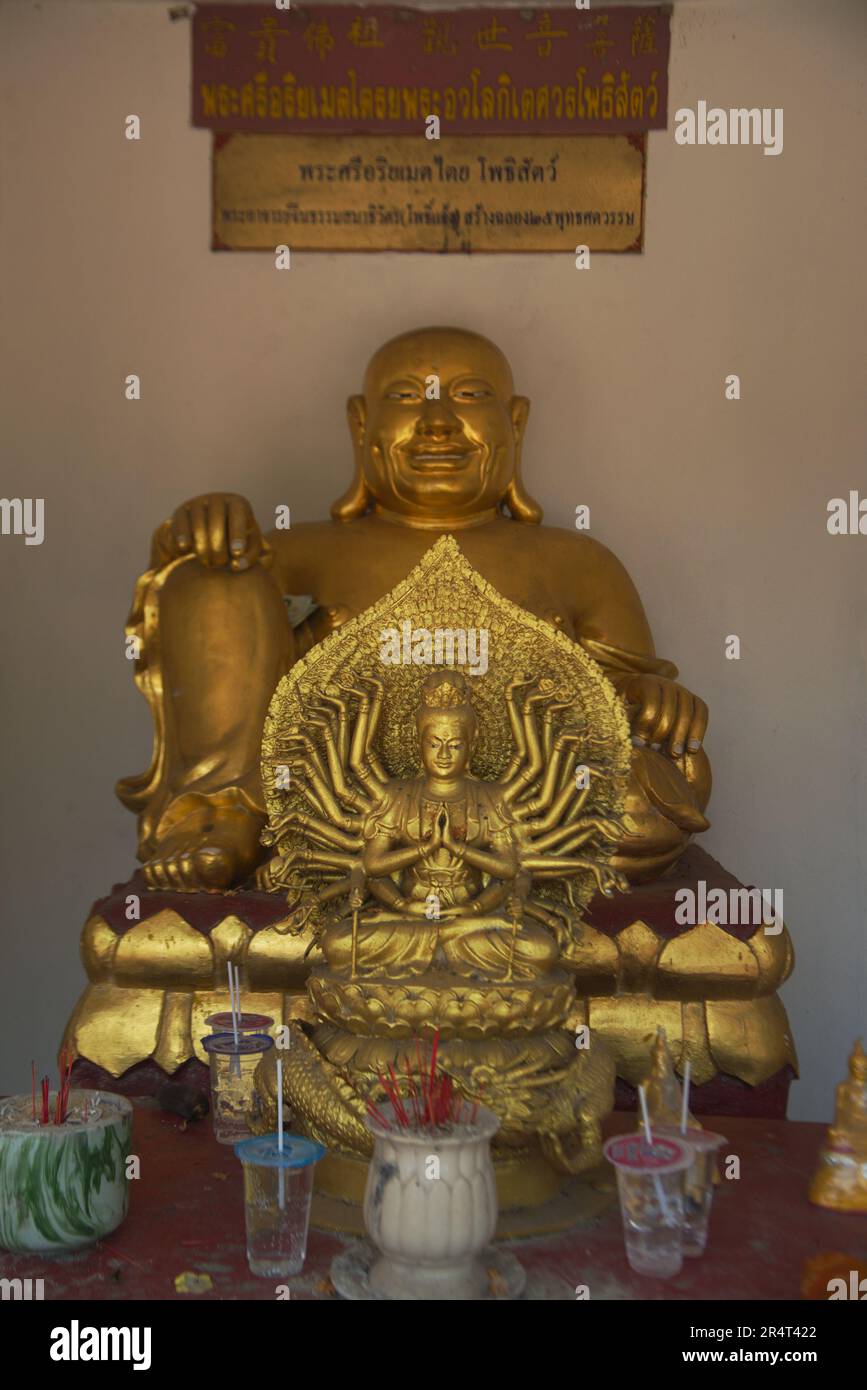 Phra Sangkajai smiling and happy Buddha and Guanyin Buddha Statue in ...
