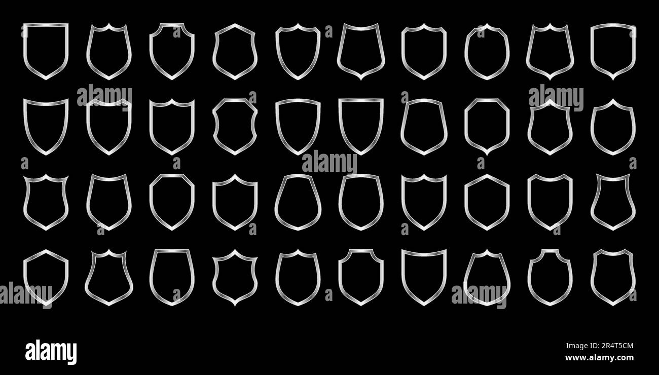 Set of metal vintage shield frames. Shiny silver heraldic shields ...