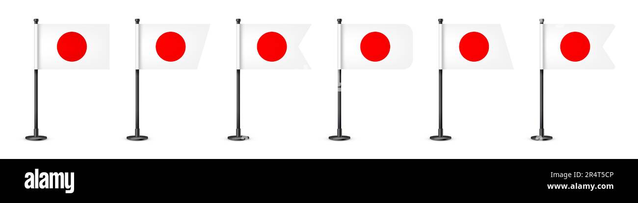 Realistic various Japanese table flags on a black steel pole. Souvenir ...