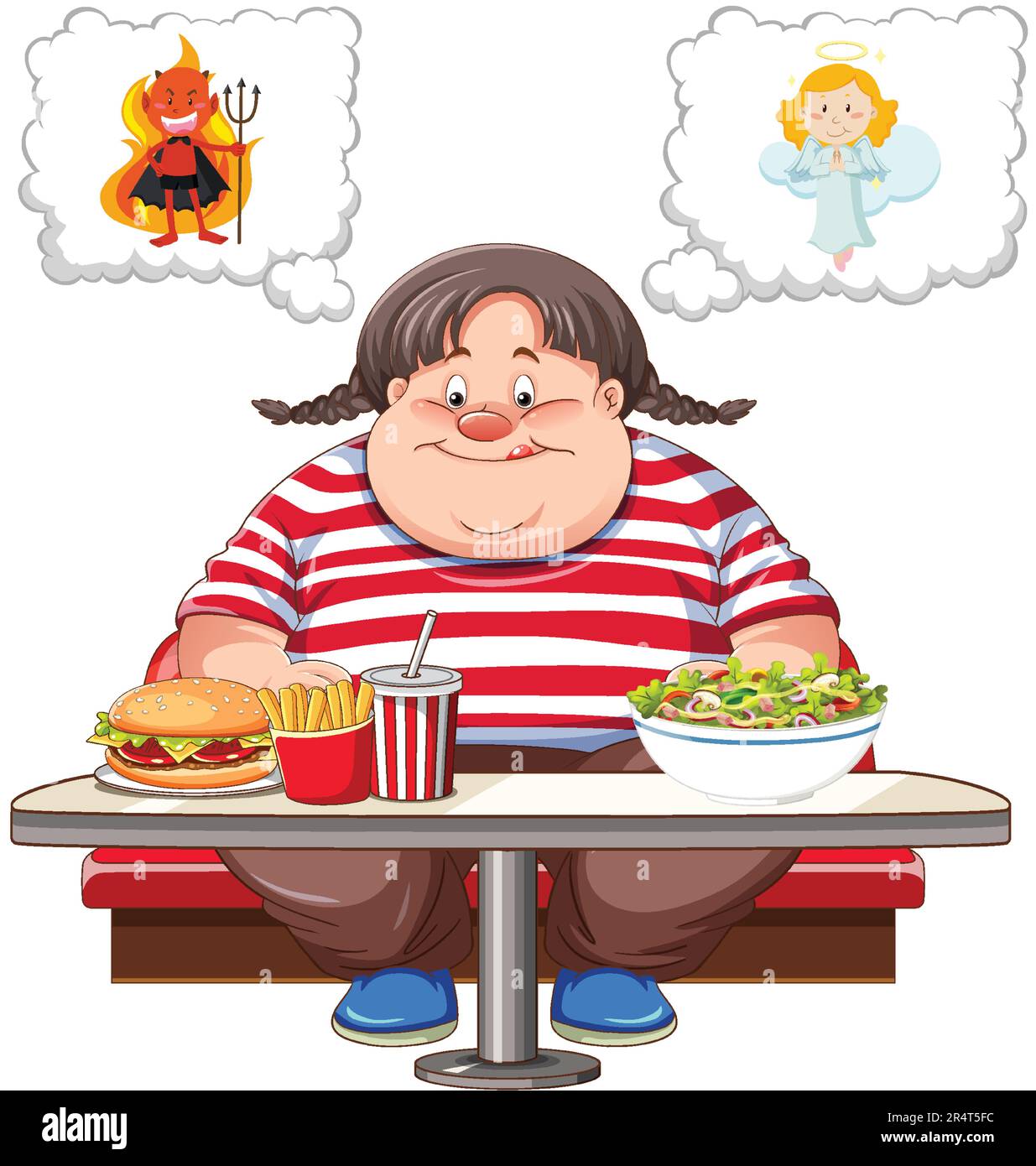 Overweight woman fighting between eating healthy or unhealthy food ...